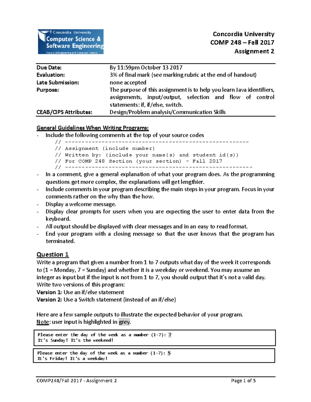 COMP 248 Assignment 2 - Concordia University COMP 248 – Fall 2017 Assignment 2 Due Date: By 11 ...