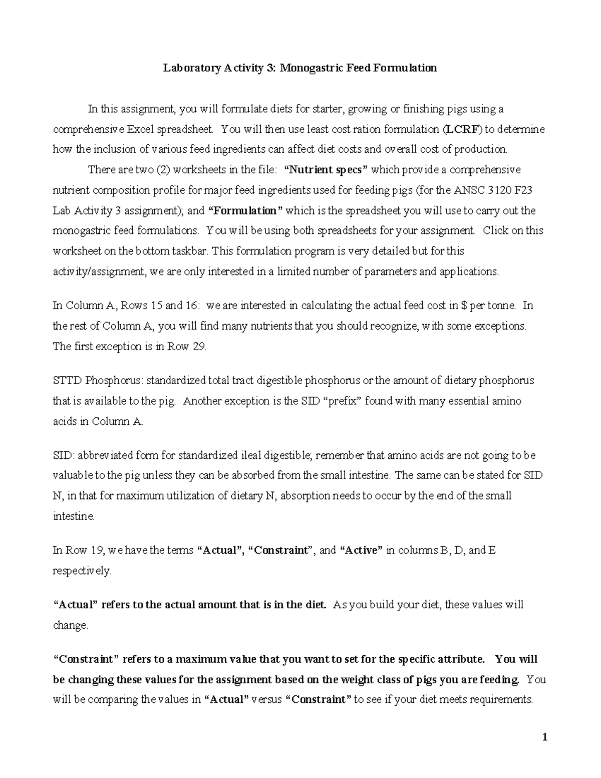 Ansc lab 3 feed formulation instructions - Laboratory Activity 3: Monogastric Feed Formulation ...