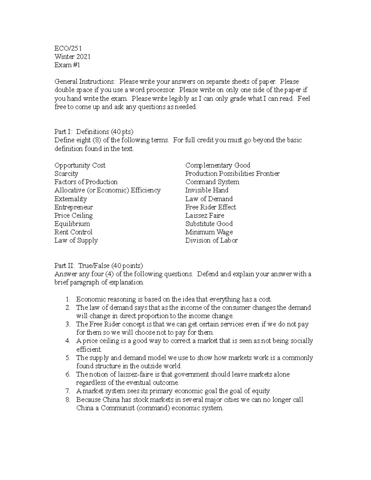 ECO251 Ex #1 WI 2021 - exam review - ECO/ Winter 2021 Exam # General ...