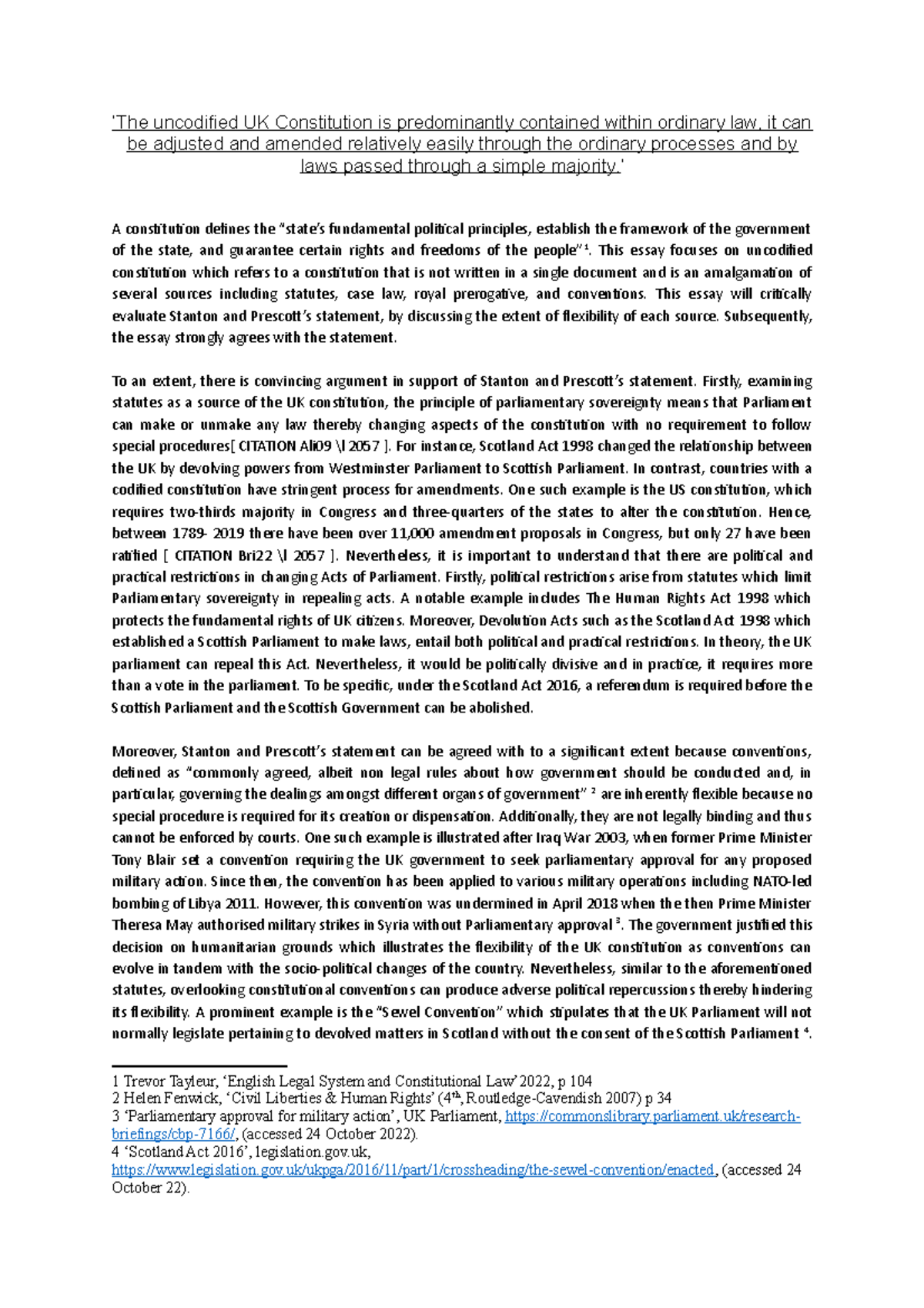ELS mock exam - An essay on the UK's uncodified constitution. - ‘The ...
