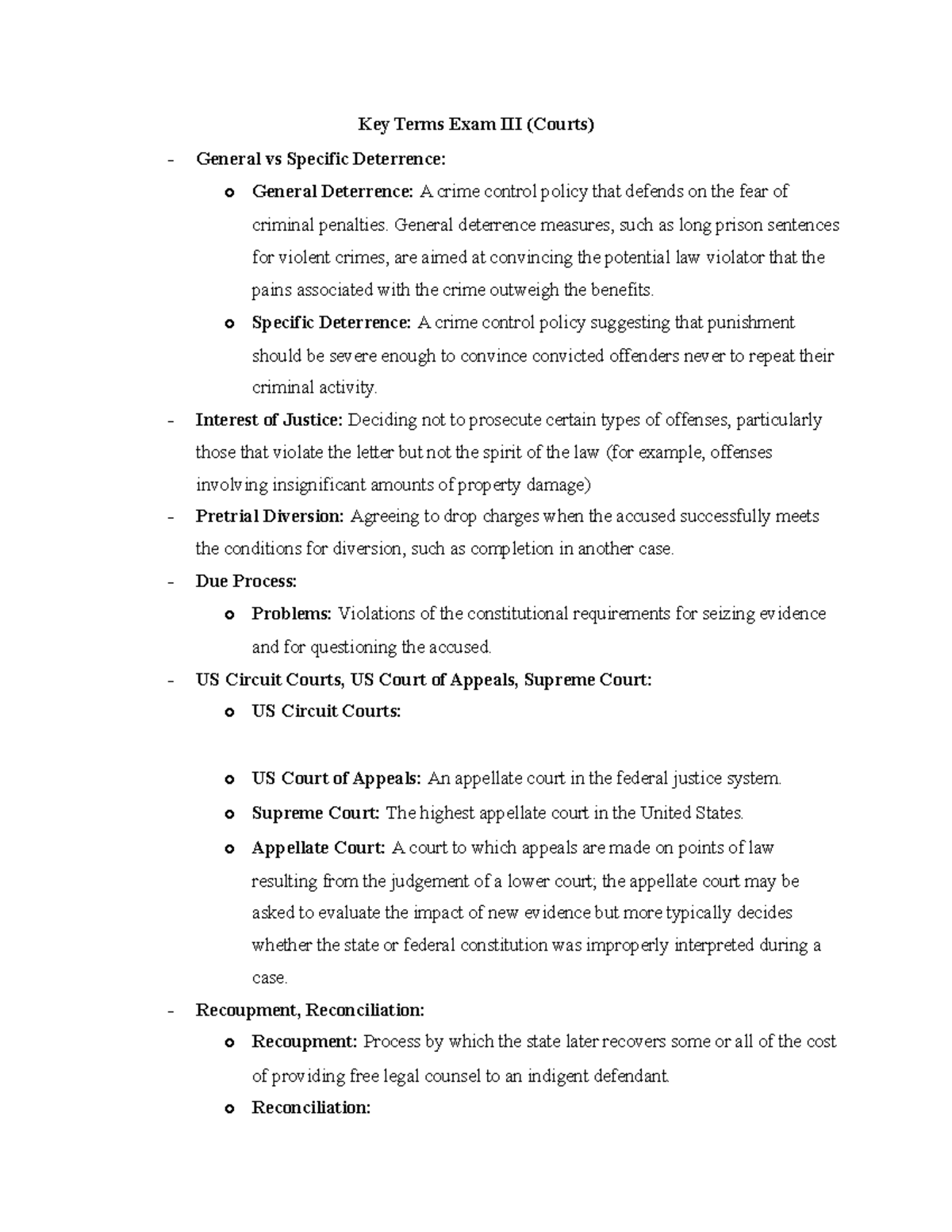 Exam 3 Study Guide - Key Terms Exam (Courts) General vs Specific ...