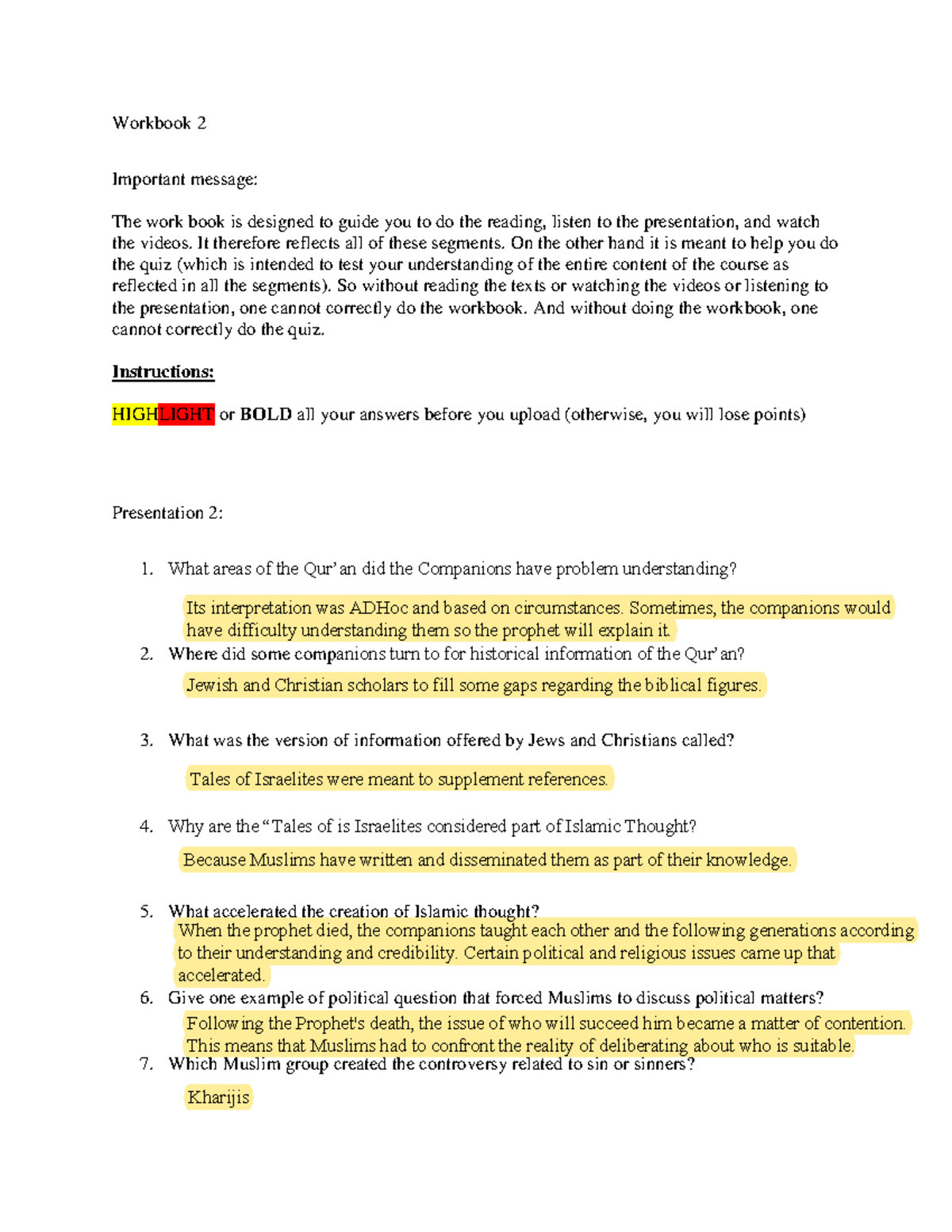 Workbook 2DONE - Workbook 2 Important message: The work book is ...