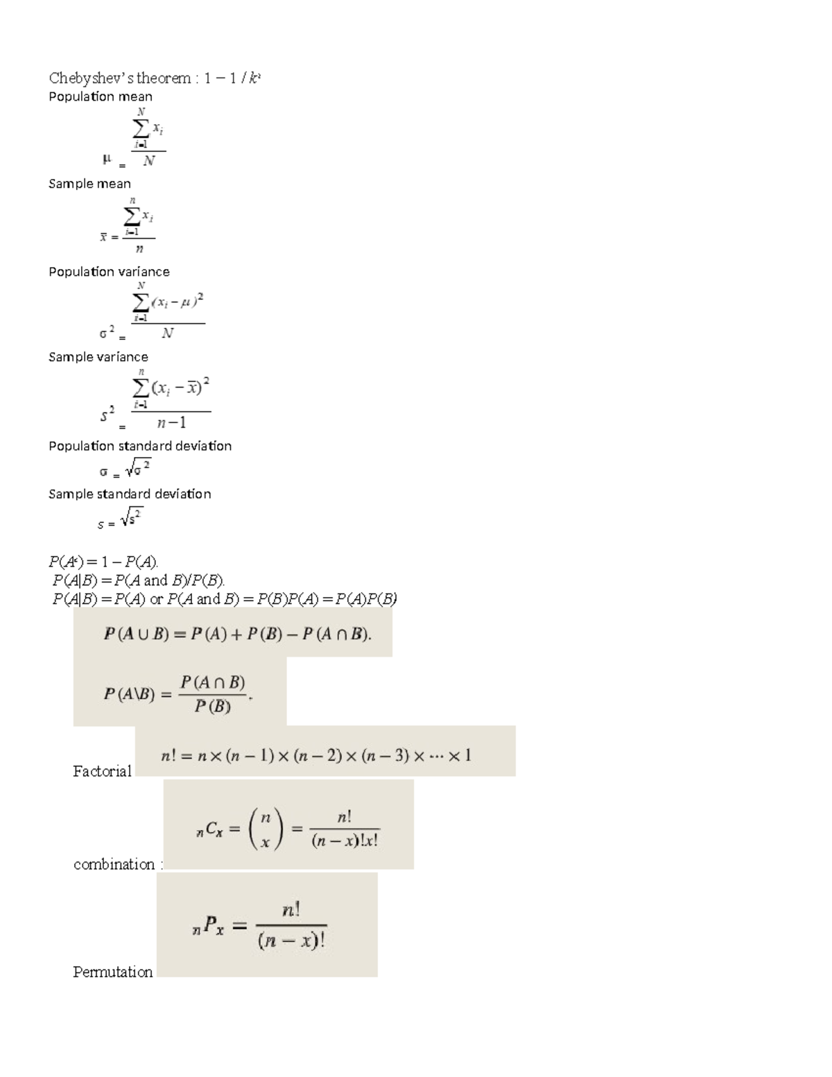 Cheat Sheet - BSTAT 3321 - Chebyshev’s theorem : 1 − 1 / k 2 Population ...