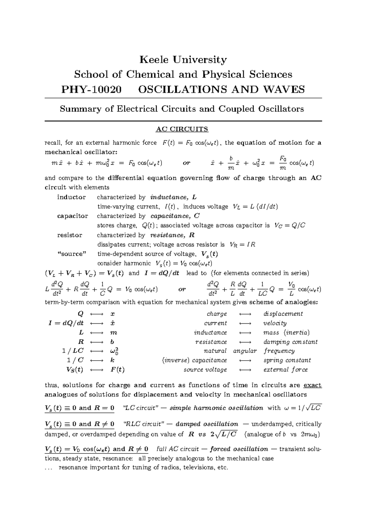 Electrical Circuits summary sheet - Keele University School of Chemical ...