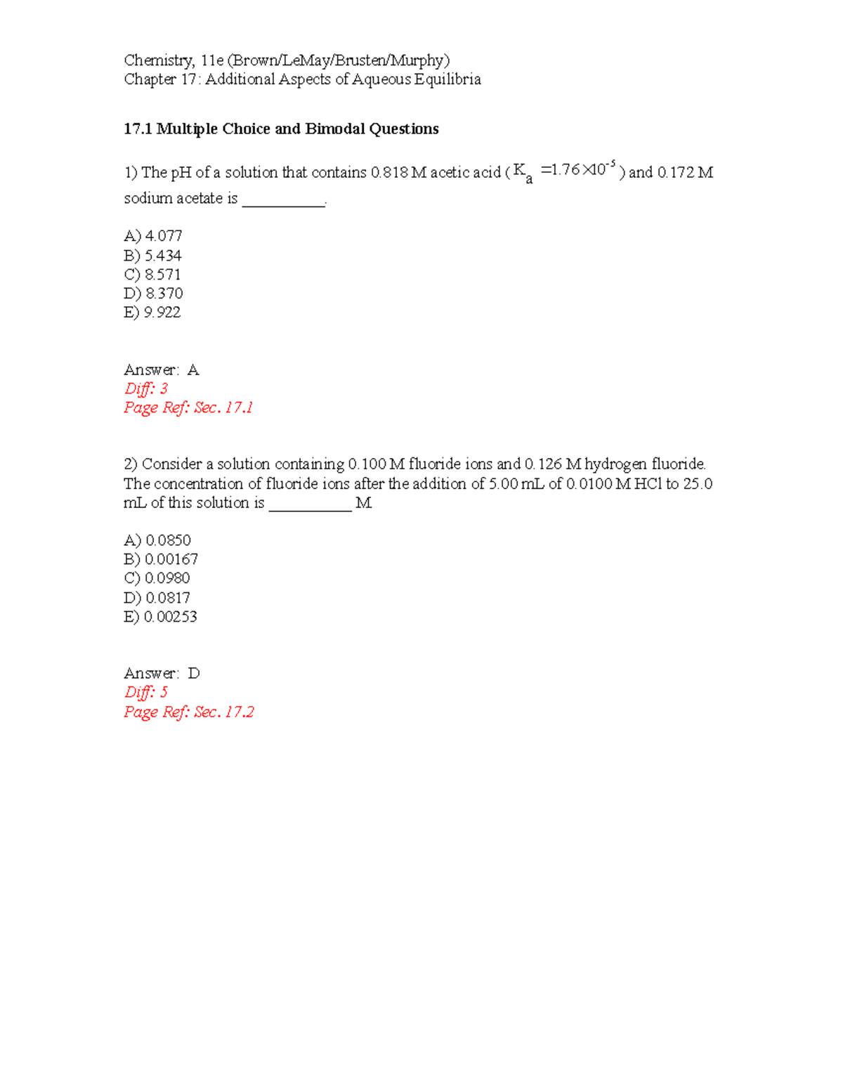 Aqueous Equilibria Testbank - Chapter 17: Additional Aspects of Aqueous ...
