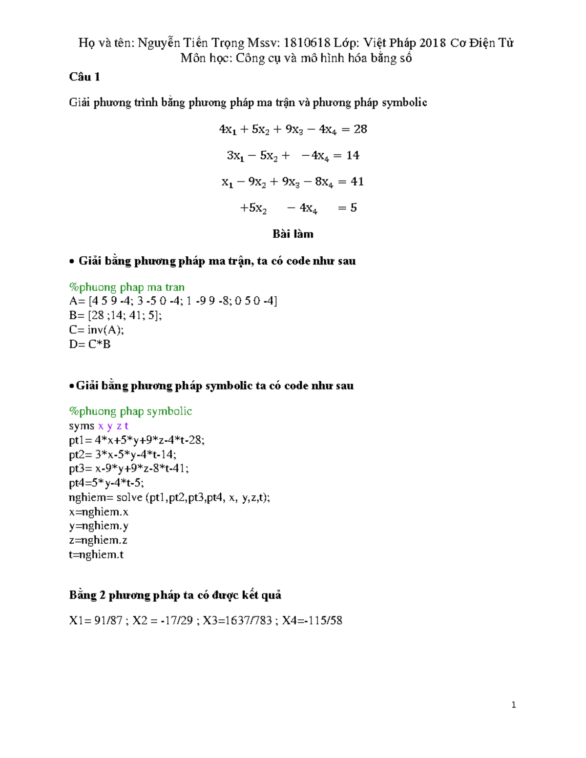 diffrential equations with numeric method and ode45 using Matlab - Môn ...