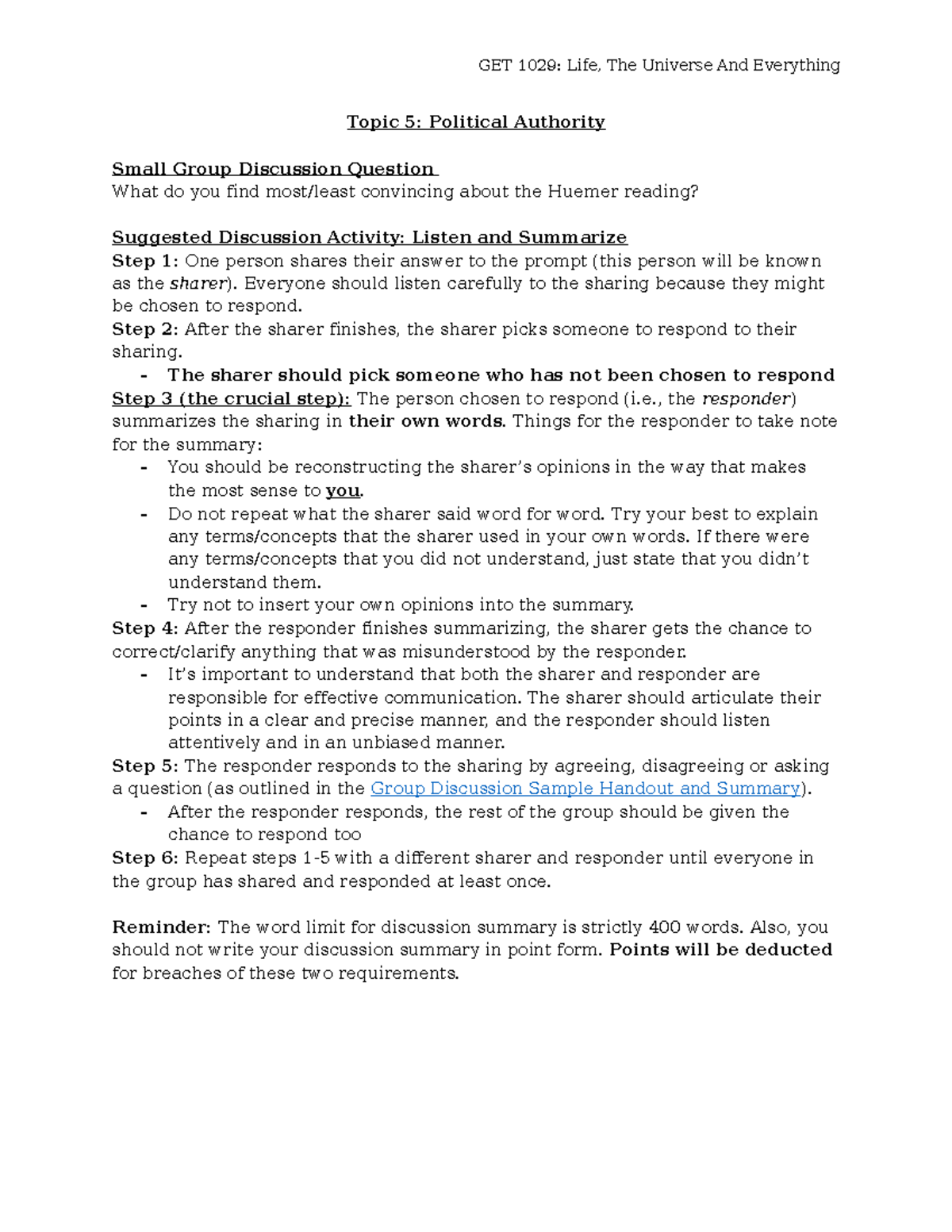 Topic 5 Small Group Discussion Prompt - GET 1029: Life, The Universe ...