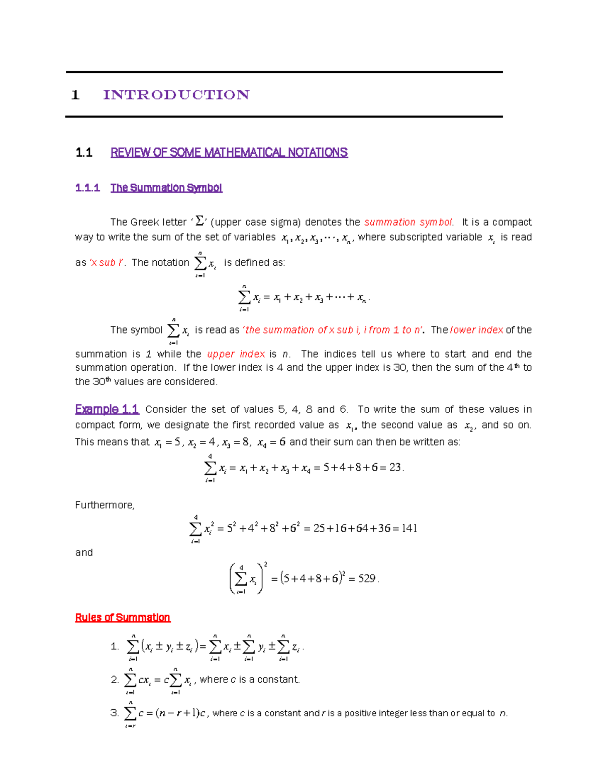 Ch1 Introduction lecture - 1. 1 REVIEW OF SOME MATHEMATICAL NOTATIONS 1 The Summation Symbol The ...