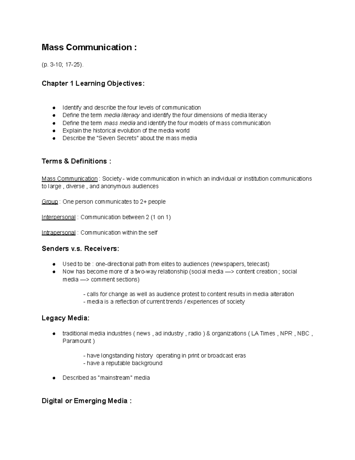 Mass Com. - Chapter 1 - Mass Communication : (p. 3-10; 17-25). Chapter ...