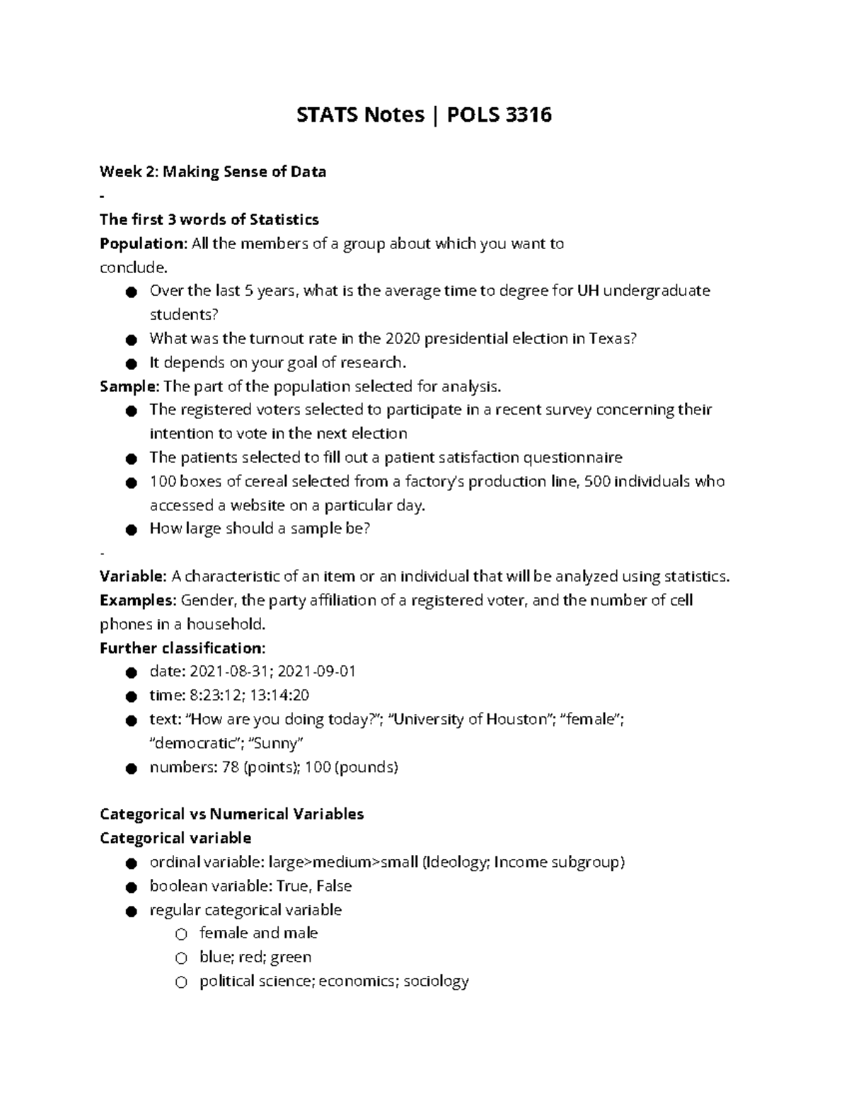 Stats Notes - STATS Notes | POLS 3316 Week 2: Making Sense of Data The ...
