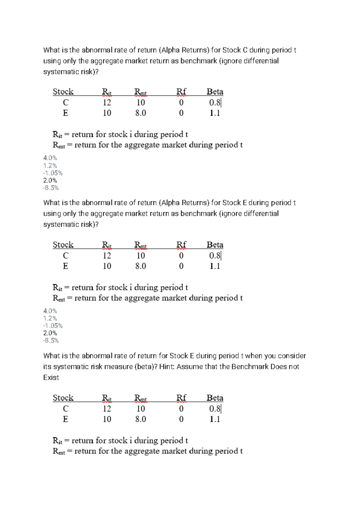 PM Quiz 4 - AJSCAJSCA - What is the abnormal rate of return (Alpha ...