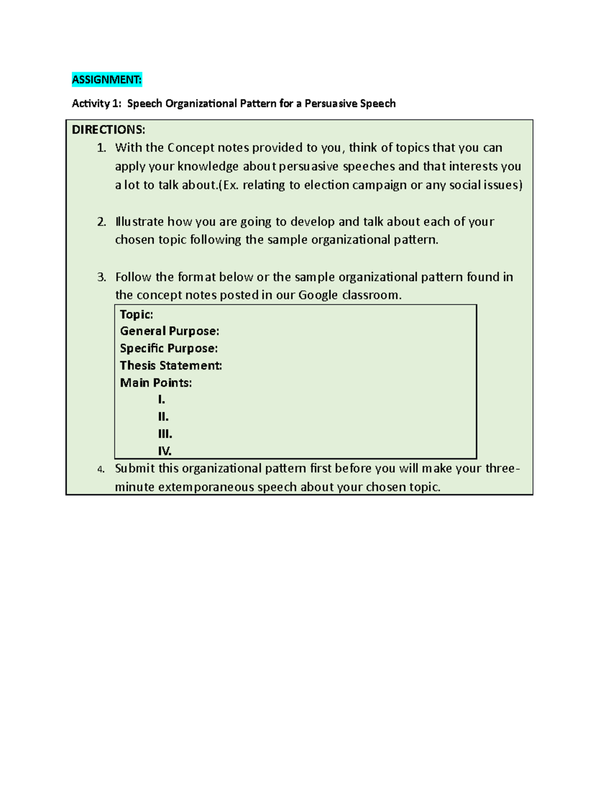 Topic 8- Assignment PCOMM1 - ASSIGNMENT: Activity 1: Speech ...