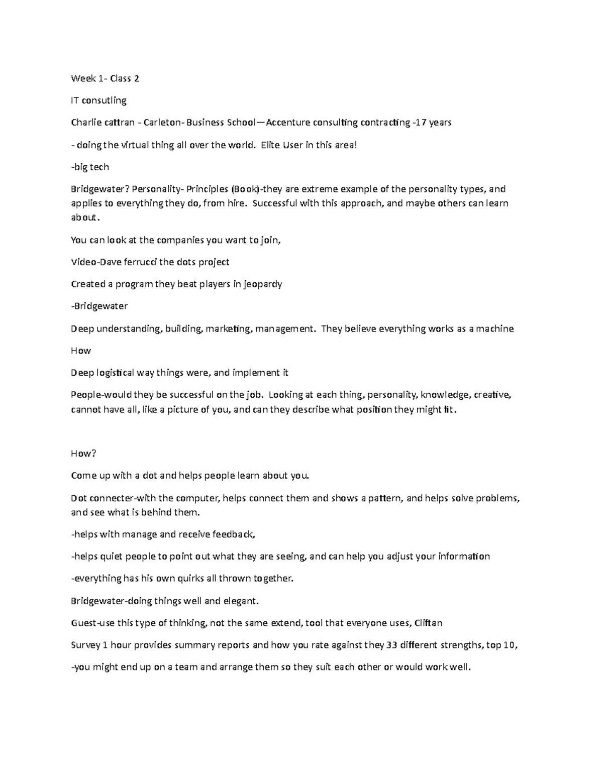 Week 1B- Class 2 - Week 1- Class 2 IT consutling Charlie cattran ...