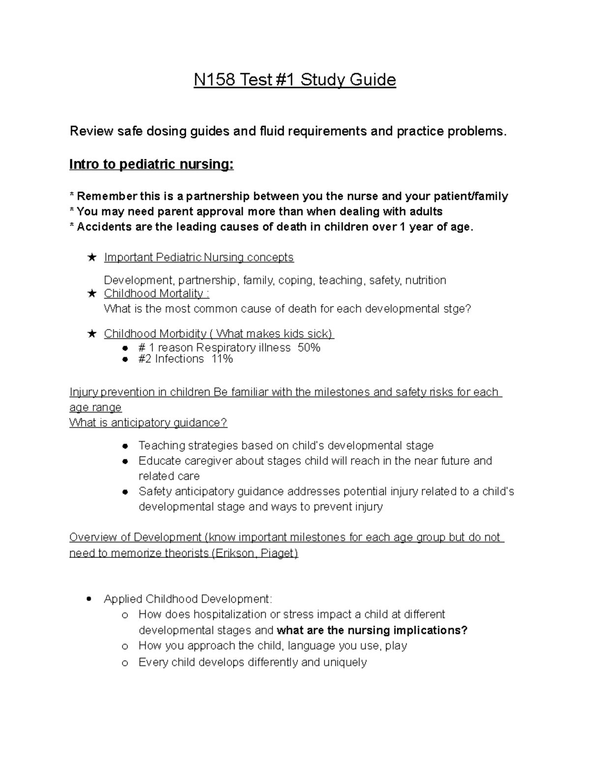 Peds Test 1 Study Guide 2021-2022 - N158 Test #1 Study Guide Review ...