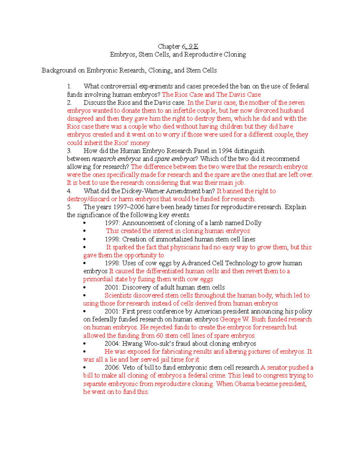 Ch 6 LO's - LOs - Chapter 6, 9 E Embryos, Stem Cells, and Reproductive ...