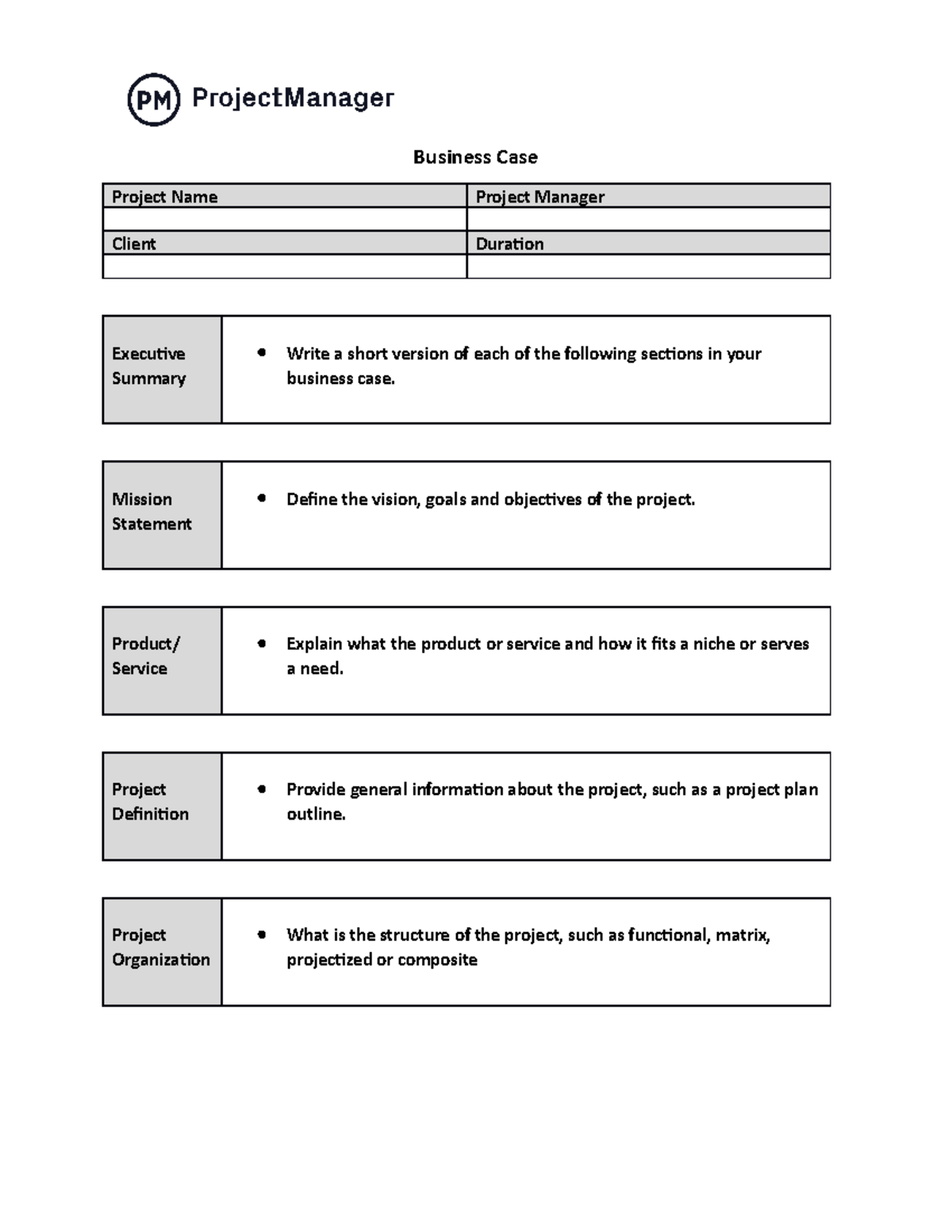 Project Manager Business Case Template for Word-1 - Business Case ...