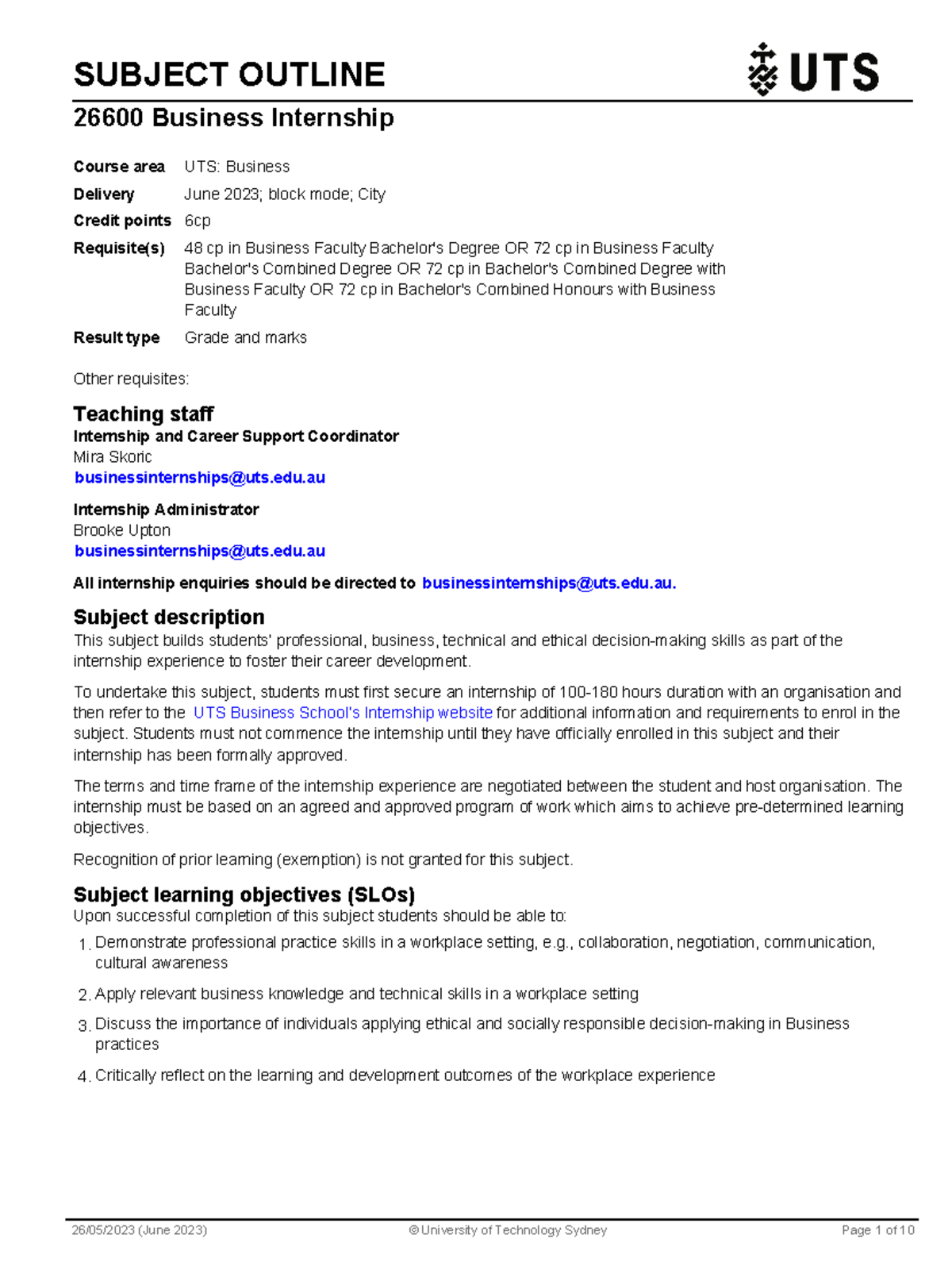 Course Summary - 23 - SUBJECT OUTLINE 26600 Business Internship Other ...