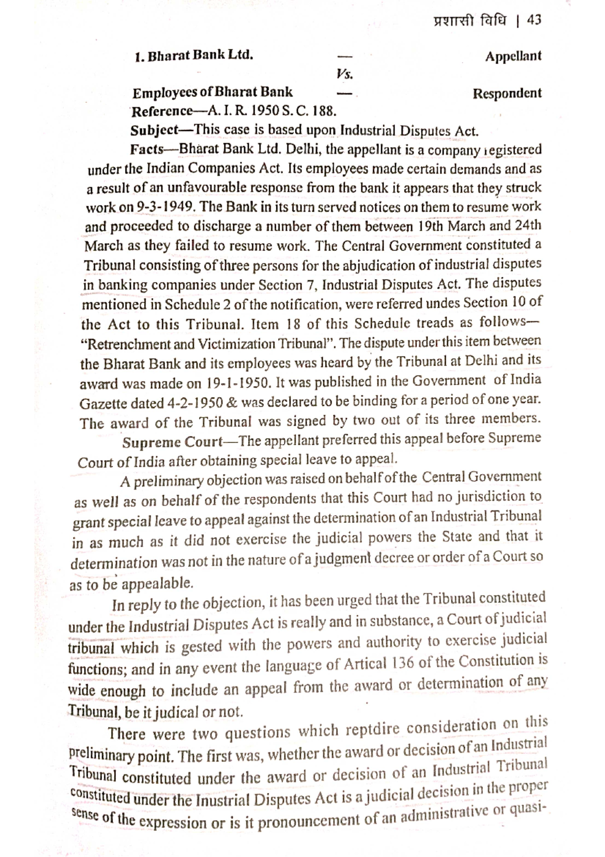 Administrative law - Pafa 43 1. Bharat Bank Ltd. Appellant Vs. Employees of Bharat Bank ...