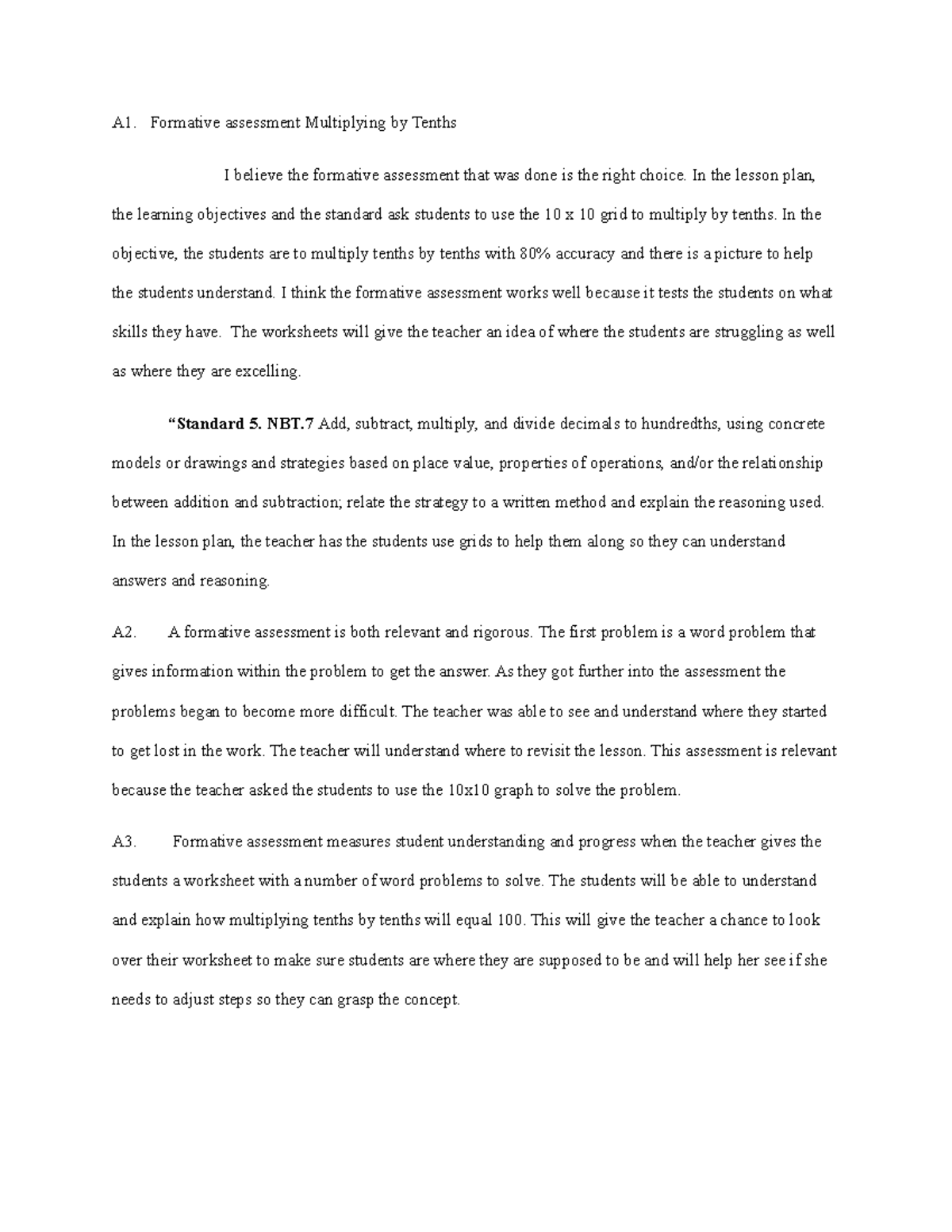 Task3 assessment strat - A1. Formative assessment Multiplying by Tenths ...