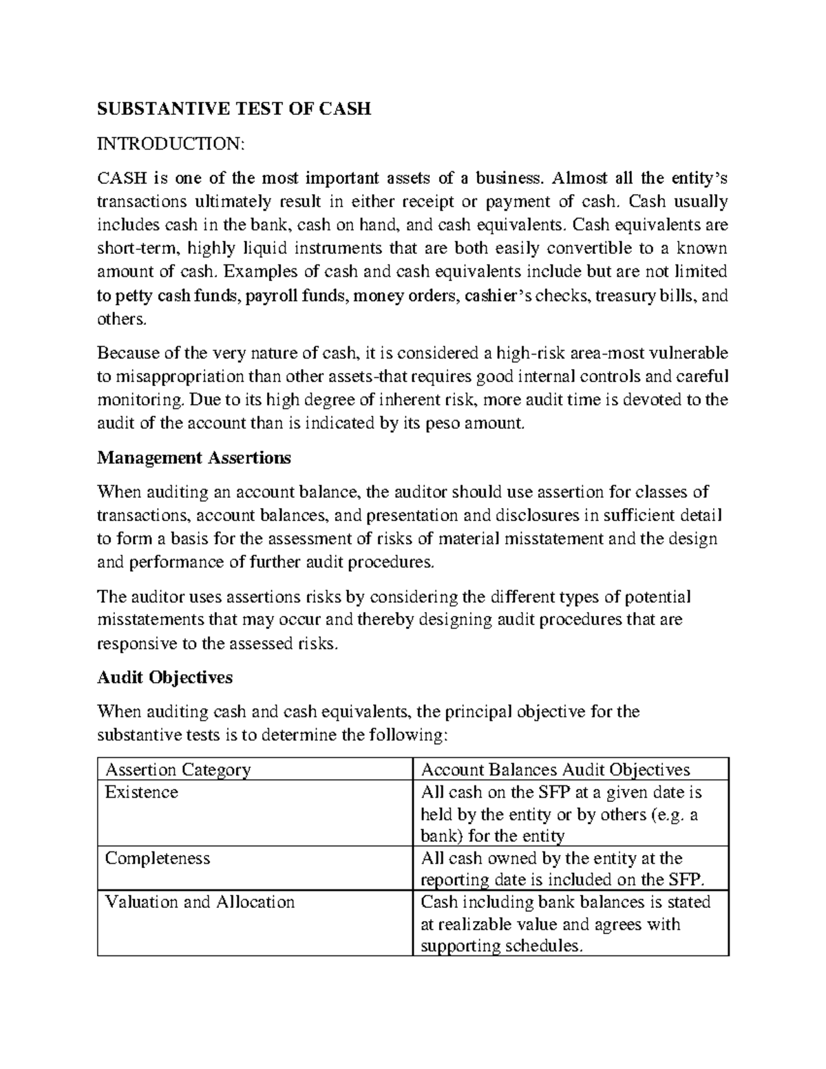 Auditing AND Assurance Concepts Lecture Module 4 - SUBSTANTIVE TEST OF ...