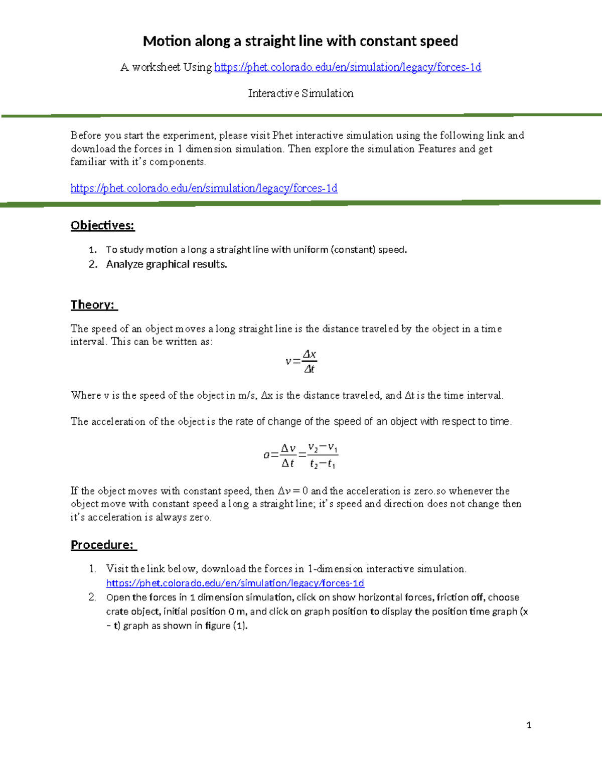 1D Motion Online Lab - lab - Motion along a straight line with constant ...