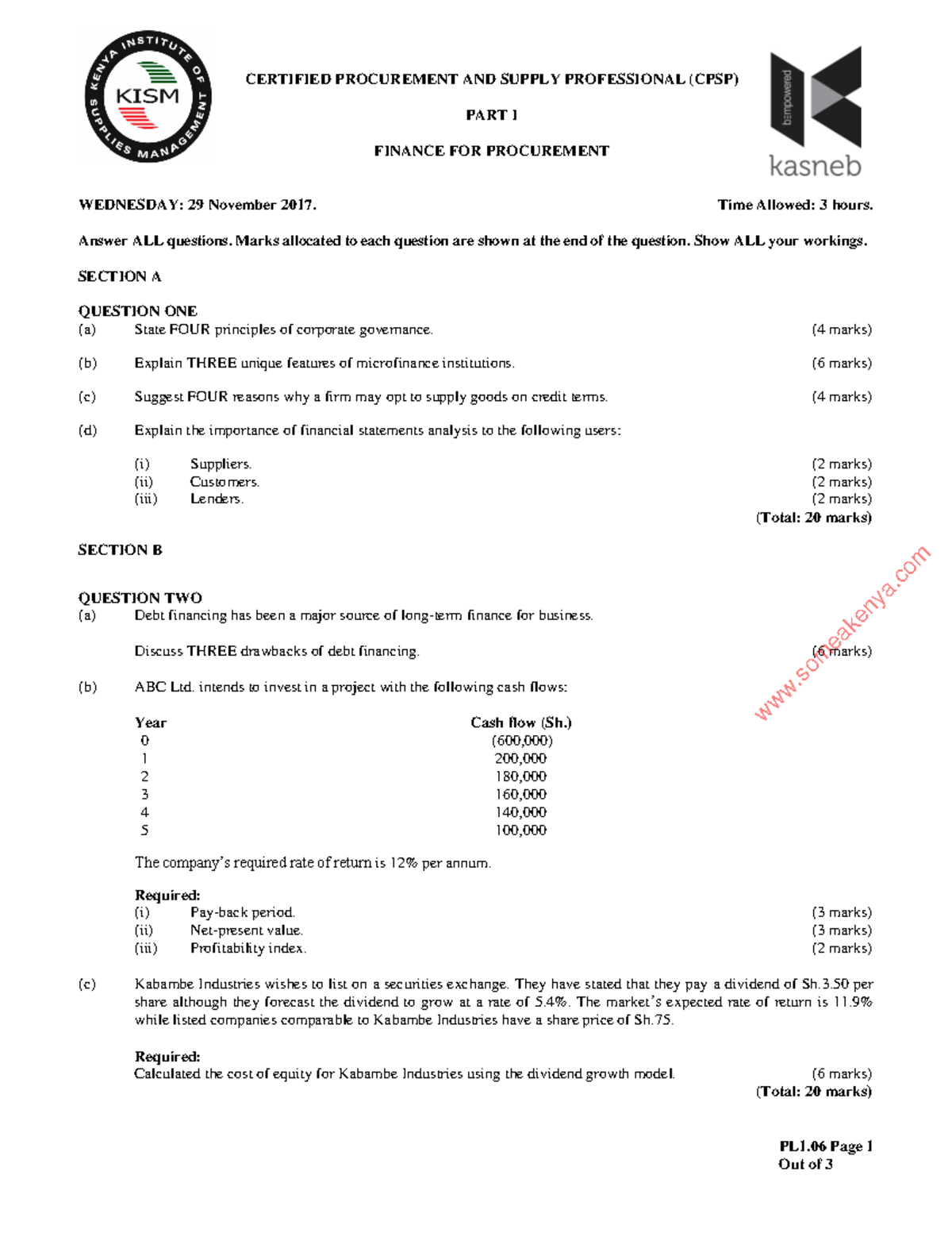 kism Exam November 2017 on finance for procurement - PL1 Page 1 Out of ...