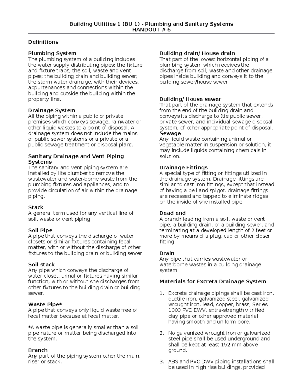 #6 sanitary - Easy notes - Building Utilities 1 (BU 1) - Plumbing and ...
