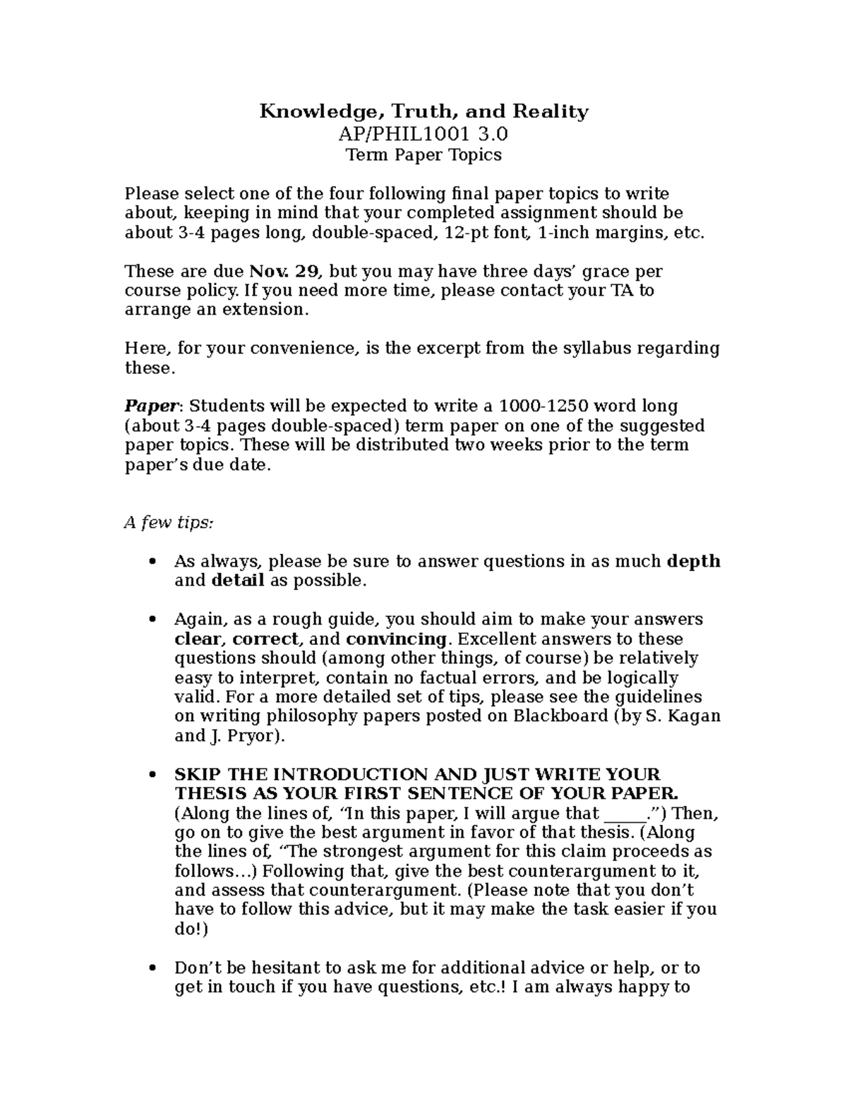 PHIL 1001 - Knowledge, Truth, and Reality - Paper Topics - Knowledge ...