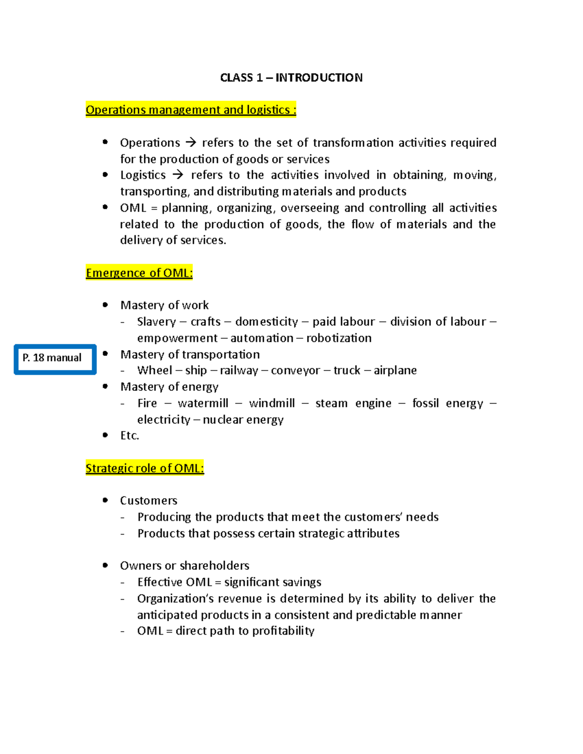Intra OP Management - Notes de cours 1-7 - CLASS 1 – INTRODUCTION ...