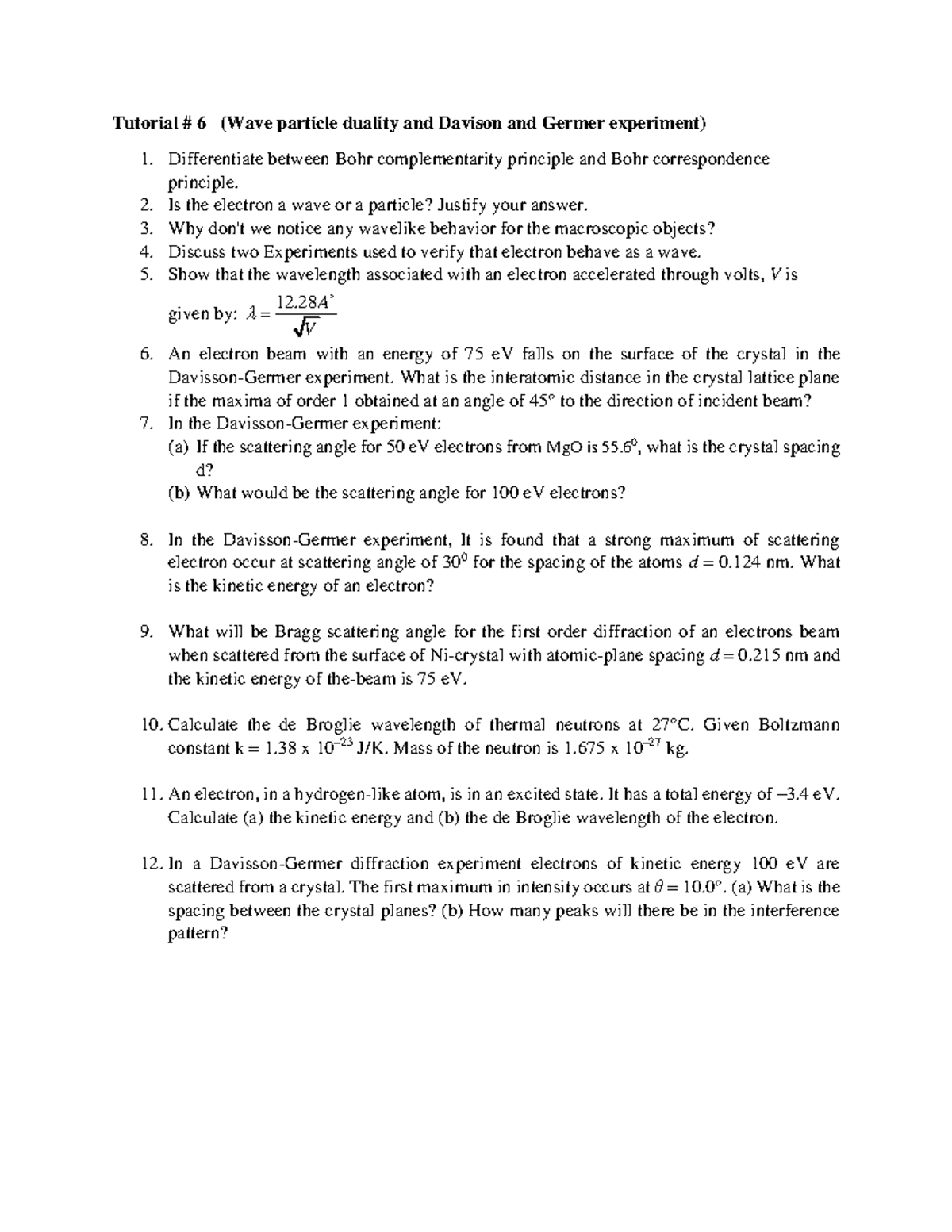 Tutorial Lecture 6 Set Of Questions For Practice Tutorial 6 Wave Particle Duality And
