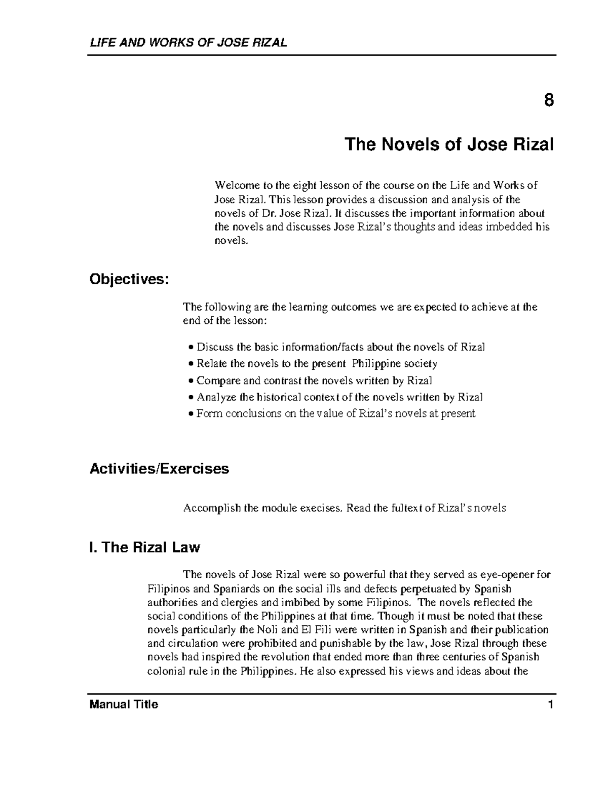 Lesson 8 Novels Of Rizal - LIFE AND WORKS OF JOSE RIZAL Manual Title 1 ...