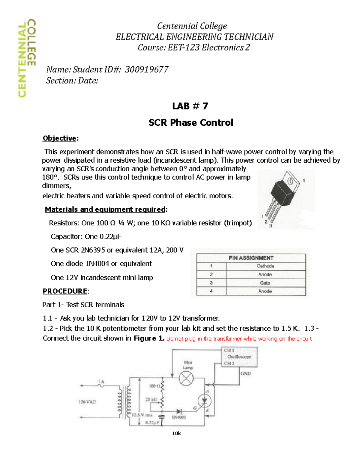 EET123 LAB 7- SCR Phase Control- F21-Rev1 - Centennial College ELECTRICAL ENGINEERING TECHNICIAN ...