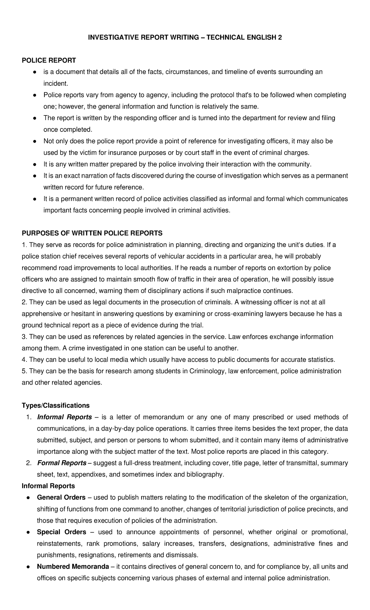 Technical Report Writing Notes - INVESTIGATIVE REPORT WRITING ...