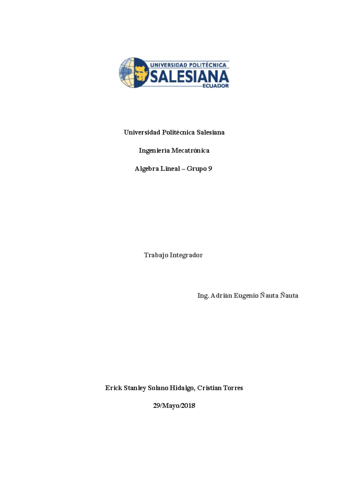 Trabajo integrador Algebra Lineal - Universidad Politécnica Salesiana ...