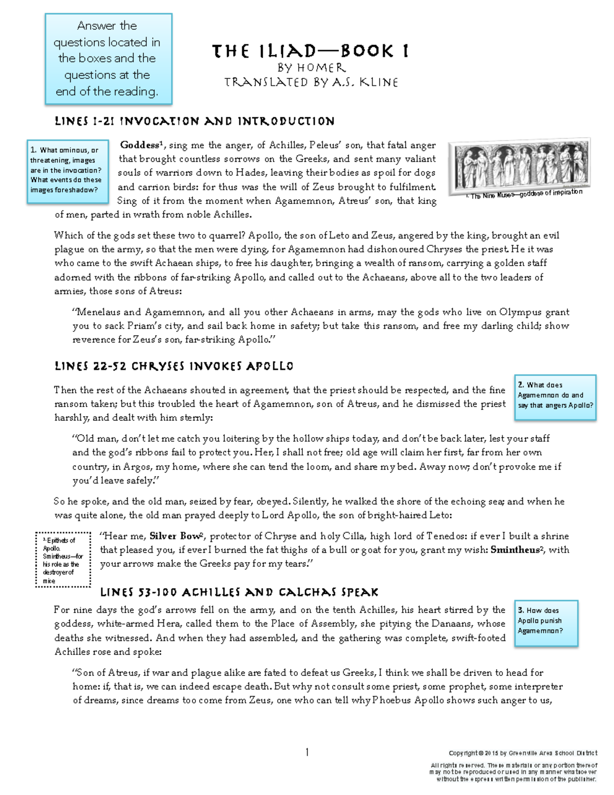 Iliad Book 1 text - 1 Copyright © 2015 by Greenville Area School ...