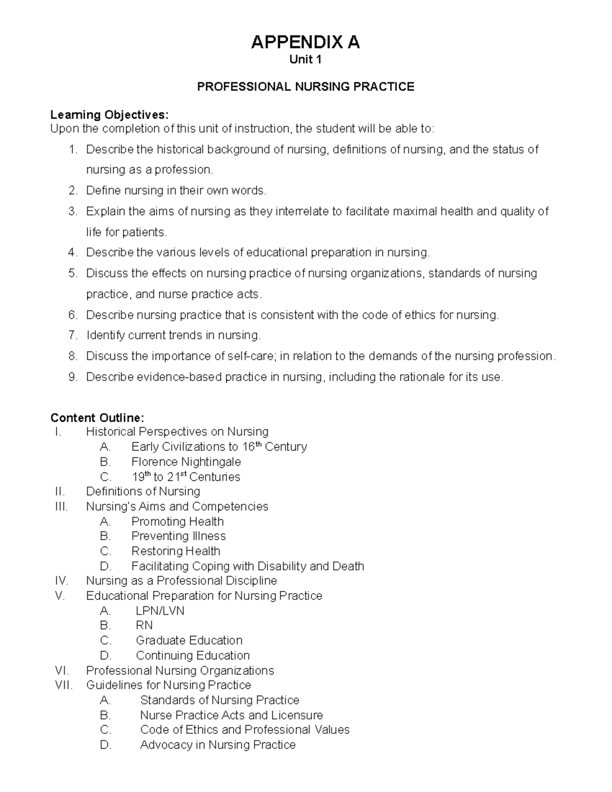 A - Lecture Objectives, Outline And Required Readings - APPENDIX A Unit 1 PROFESSIONAL NURSING ...