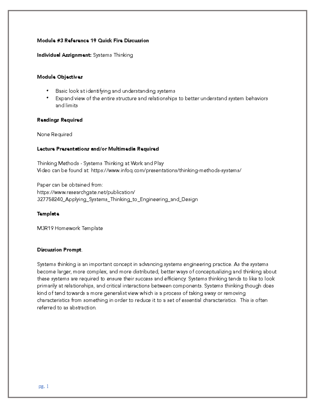 M3R19 Assignment - Module #3 Reference 19 Quick Fire Discussion Individual Assignment: Systems ...