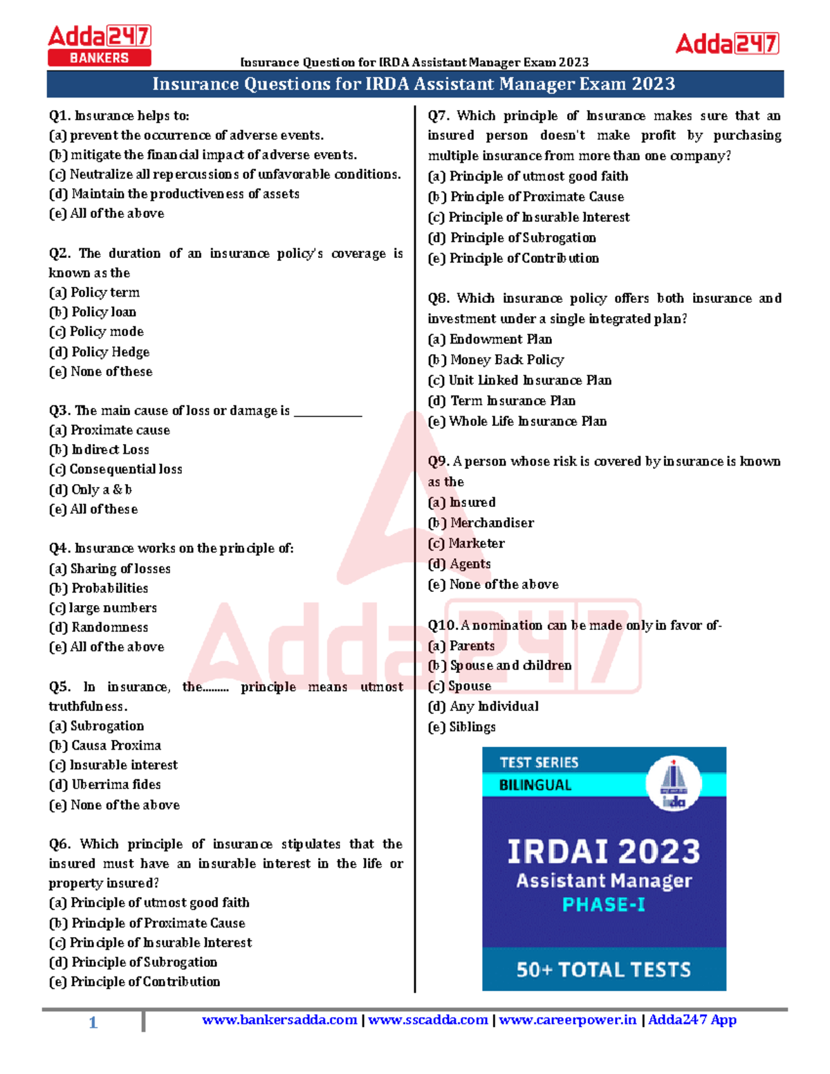 Insurance Questions for IRDA Assistant Manager Exam 2023 - Insurance ...