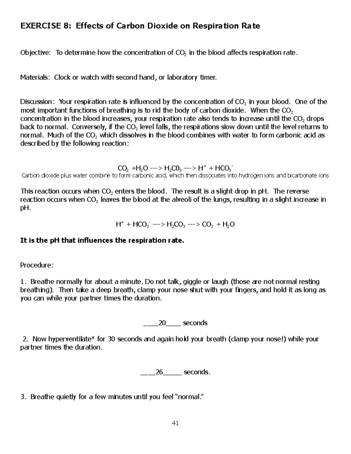 Hold Breath Lab (1)- Answers - EXERCISE 8: Effects of Carbon Dioxide on ...