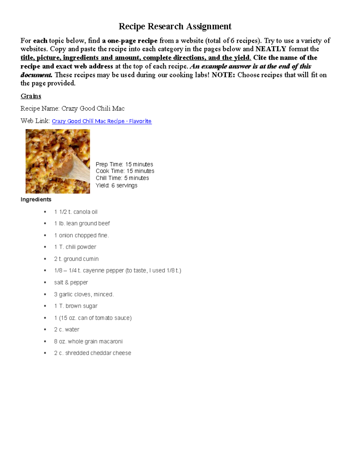 Recipe Research Sample Formatting - Recipe Research Assignment For each ...