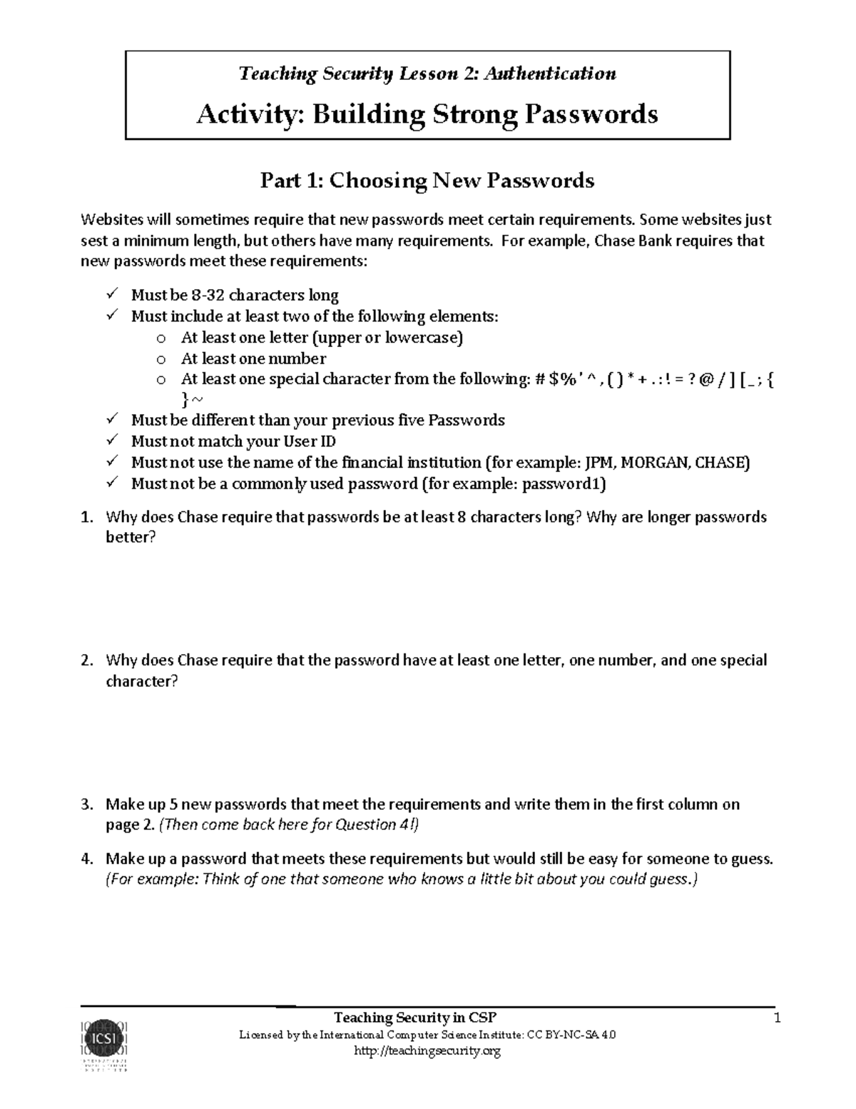L2 Strong Passwords Worksheet - Teaching Security in CSP Licensed by ...