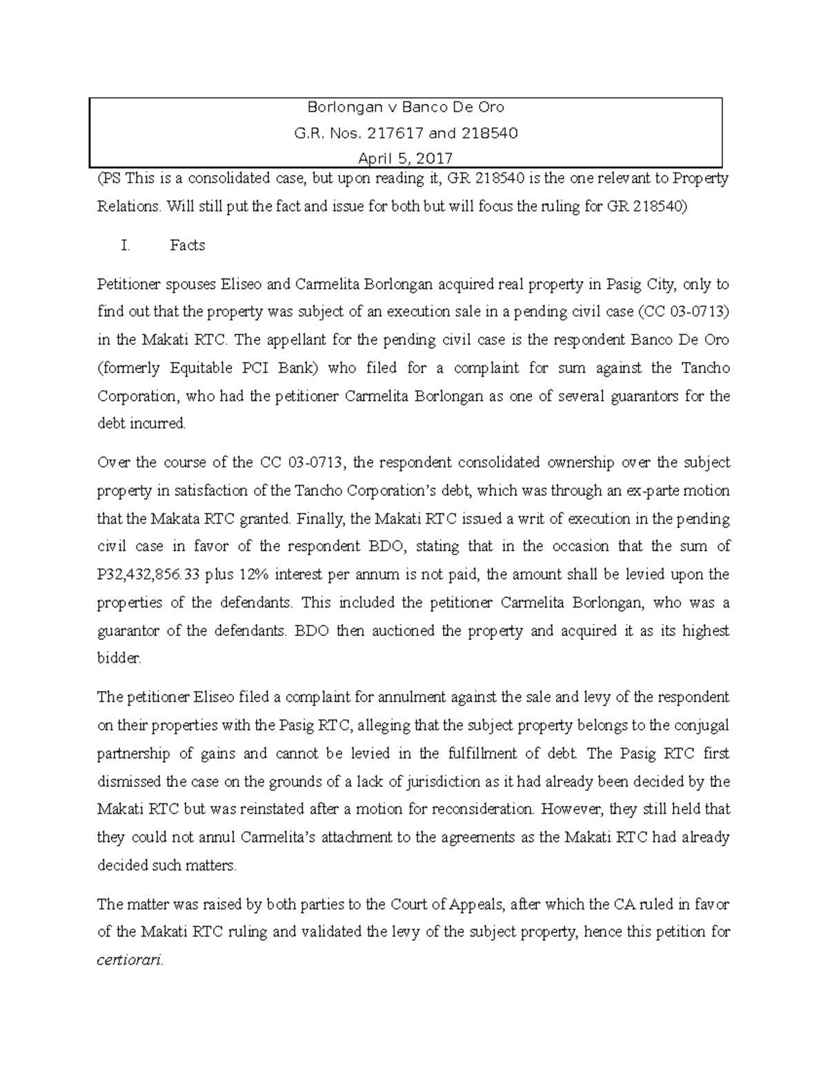 15 Borlongan v BDO - Case digest - Borlongan v Banco De Oro G. Nos. 217617 and 218540 April 5 ...