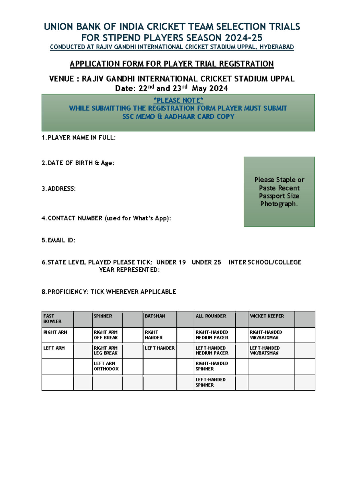 Stipend Players Trial Registration Form 2024 - UNION BANK OF INDIA ...