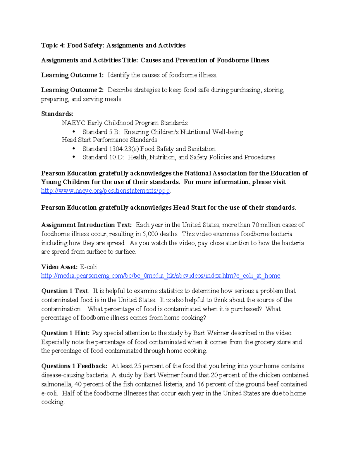 Assignments and Activities Answer Key for Food Safety - Topic 4: Food ...