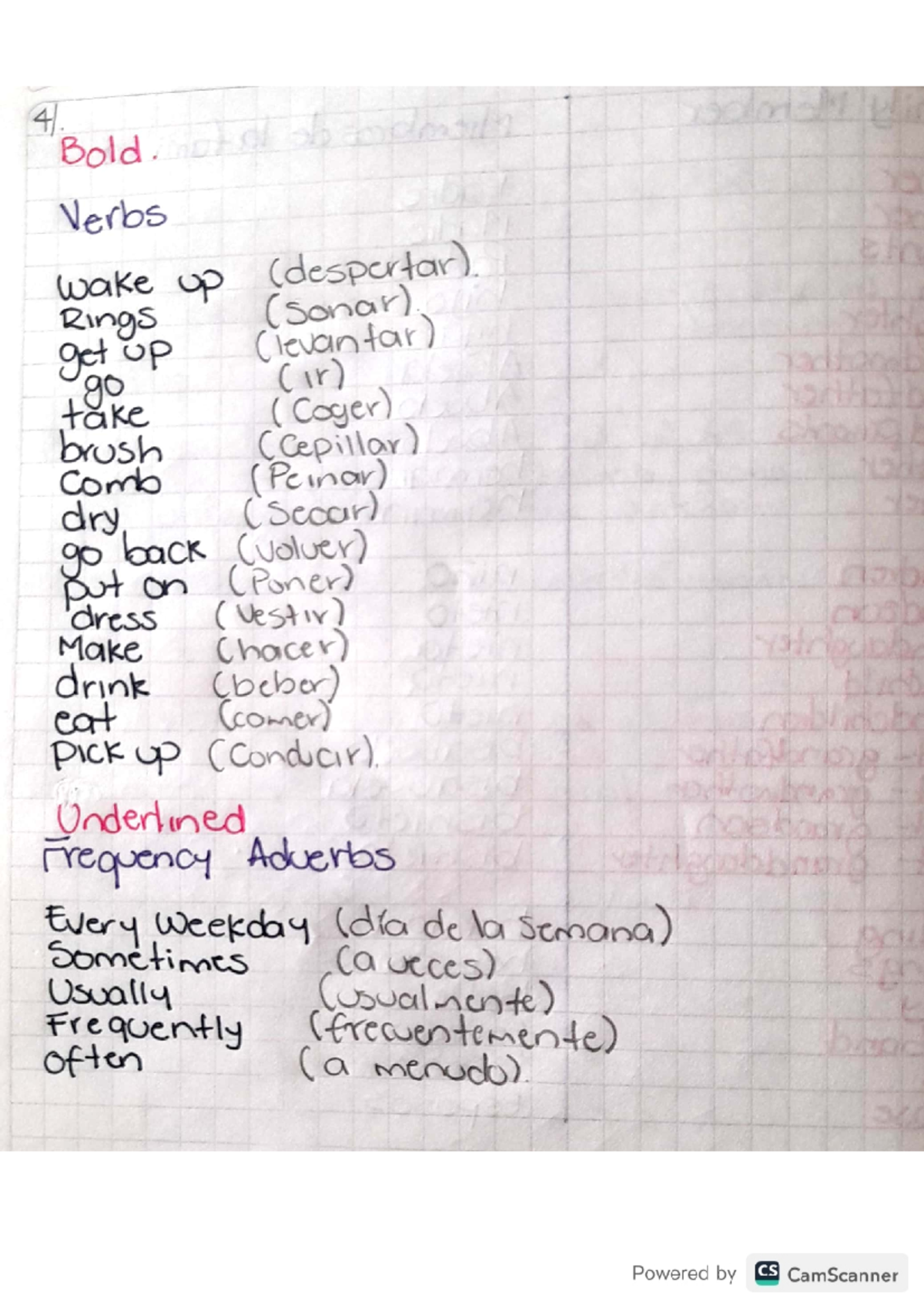 Cam Scanner 09-09-2024 14 - 4/ Bold. Verbs wake up (despertar) Rings (Sonar) get up (levantar ...