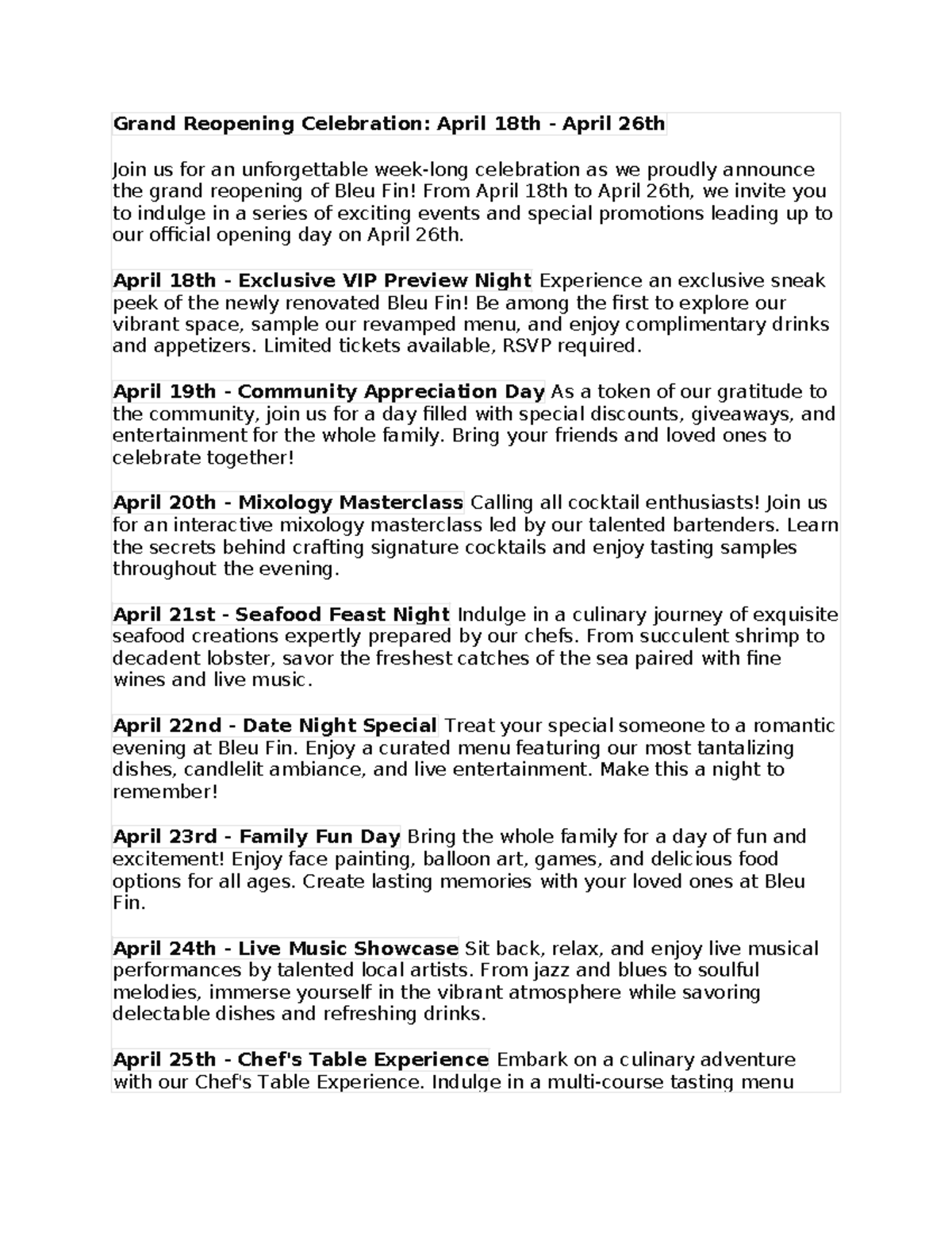Reopeing timeline Ideas for Bleu Fin - Grand Reopening Celebration ...