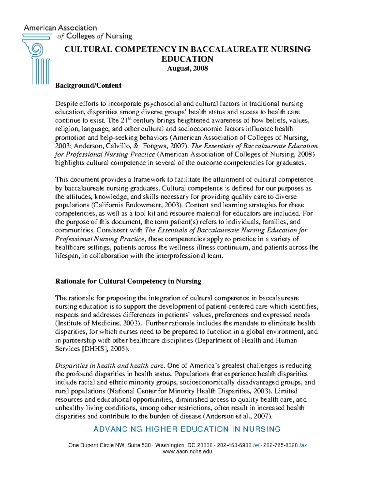 AACN cultural competency - ADVANCING HIGHER EDUCATION IN NURSING One Dupont Circle NW, Suite 530 ...