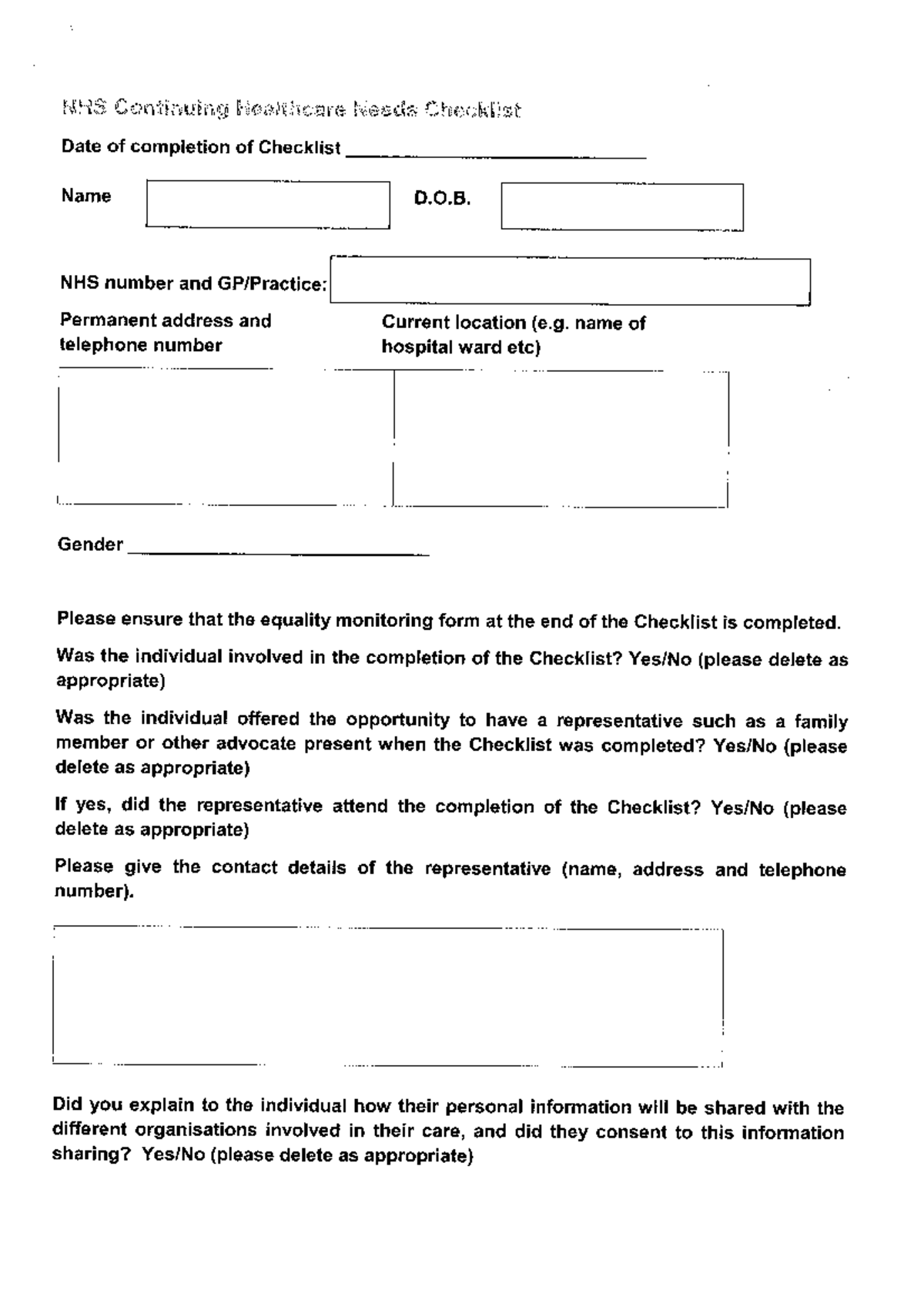 NHS Practice Information Sheet nhs continuing healthcare checklist ...