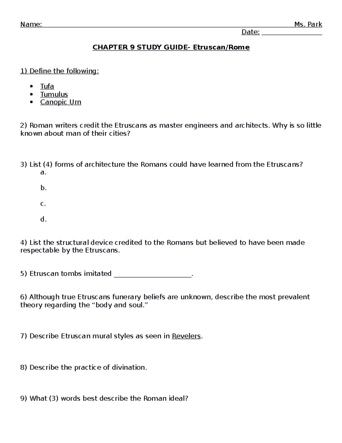 Ch 10 review sheet - Name: Ms. Park Date: CHAPTER 9 STUDY GUIDE ...