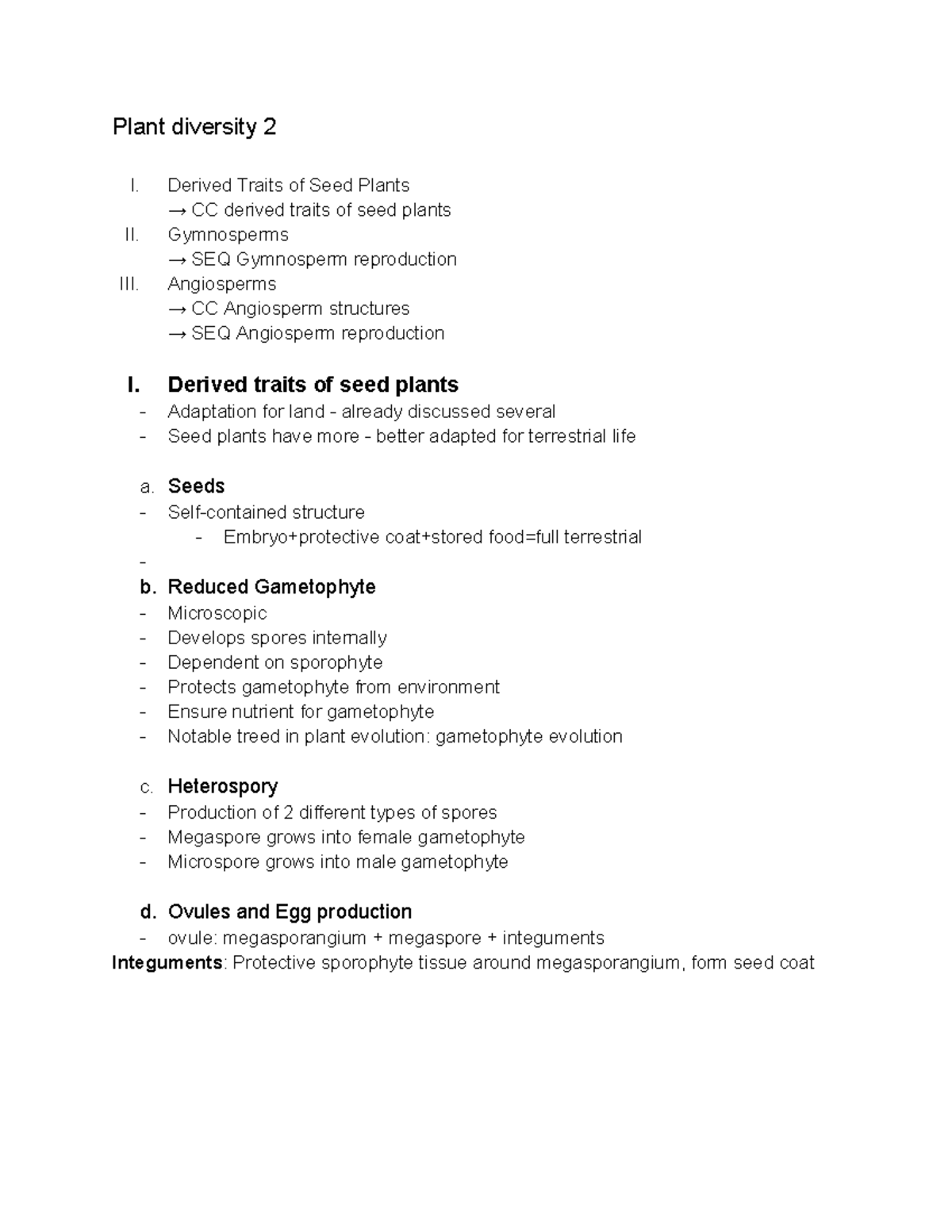 Plant Diversity 2 - class notes - Plant diversity 2 I. Derived Traits ...